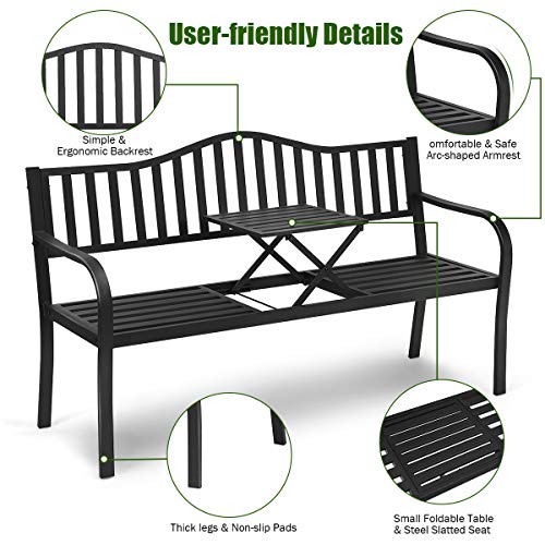 Tangkula Outdoor Garden Bench with Pullout Middle Table, Patio Park Steel Bench, Front Porch Bench, Pool Deck Bench, Outdoor Furniture Loveseat Chair for 2-3 Person, Ideal for Yard Lawn Entryway