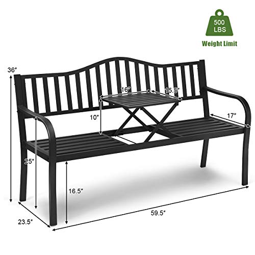 Tangkula Outdoor Garden Bench with Pullout Middle Table, Patio Park Steel Bench, Front Porch Bench, Pool Deck Bench, Outdoor Furniture Loveseat Chair for 2-3 Person, Ideal for Yard Lawn Entryway