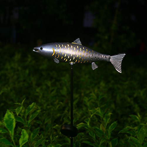 KAIXOXIN Solar Garden Lights Metal Fish Decorative Stake for Outdoor Patio Yard Decorations,Warm White LED Solar Path Lights (Silver-2)