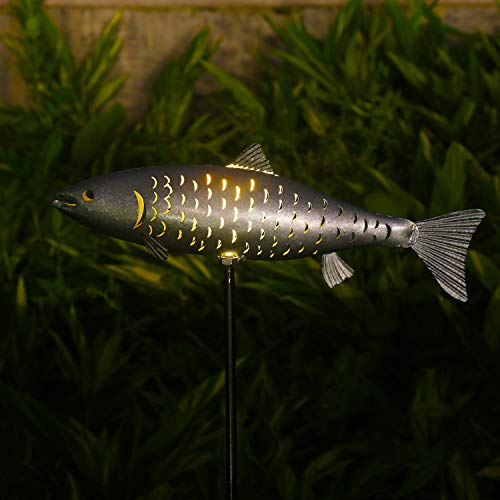 KAIXOXIN Solar Garden Lights Metal Fish Decorative Stake for Outdoor Patio Yard Decorations,Warm White LED Solar Path Lights (Silver-2)