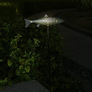 KAIXOXIN Solar Garden Lights Metal Fish Decorative Stake for Outdoor Patio Yard Decorations,Warm White LED Solar Path Lights (Silver-2)