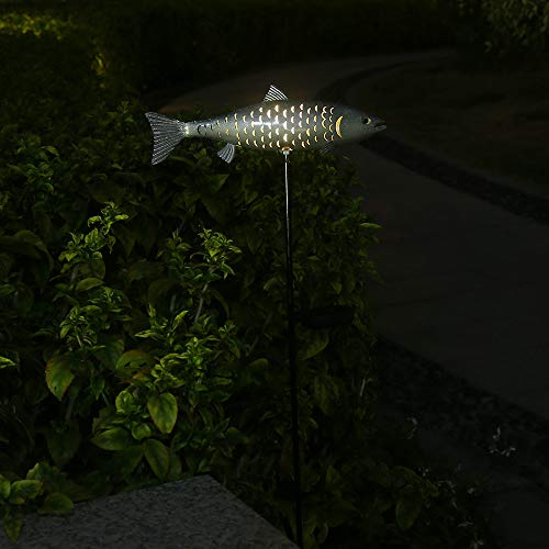 KAIXOXIN Solar Garden Lights Metal Fish Decorative Stake for Outdoor Patio Yard Decorations,Warm White LED Solar Path Lights (Silver-2)