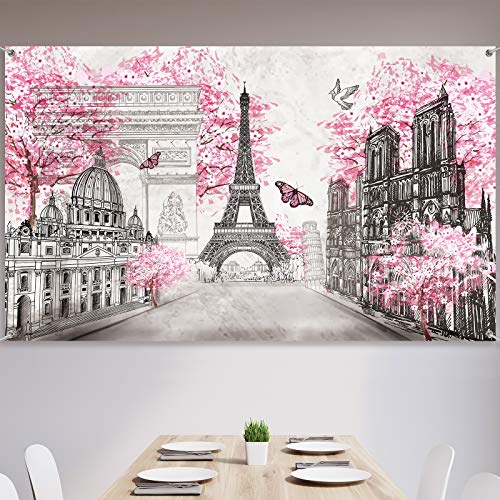 Paris Tapestry Backdrop Paris Wall Art Eiffel Tower Photo Banner Background European City Landscape Pink Wall Hanging Decor for Living Room Girl Bedroom Paris Themed Party Decoration, 72.8 x 43.3 Inch