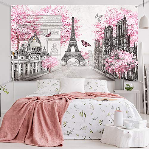 Paris Tapestry Backdrop Paris Wall Art Eiffel Tower Photo Banner Background European City Landscape Pink Wall Hanging Decor for Living Room Girl Bedroom Paris Themed Party Decoration, 72.8 x 43.3 Inch