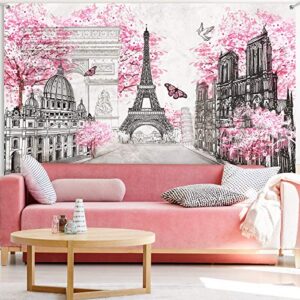 Paris Tapestry Backdrop Paris Wall Art Eiffel Tower Photo Banner Background European City Landscape Pink Wall Hanging Decor for Living Room Girl Bedroom Paris Themed Party Decoration, 72.8 x 43.3 Inch