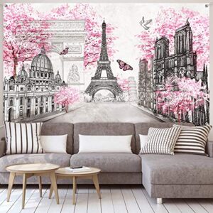 Paris Tapestry Backdrop Paris Wall Art Eiffel Tower Photo Banner Background European City Landscape Pink Wall Hanging Decor for Living Room Girl Bedroom Paris Themed Party Decoration, 72.8 x 43.3 Inch