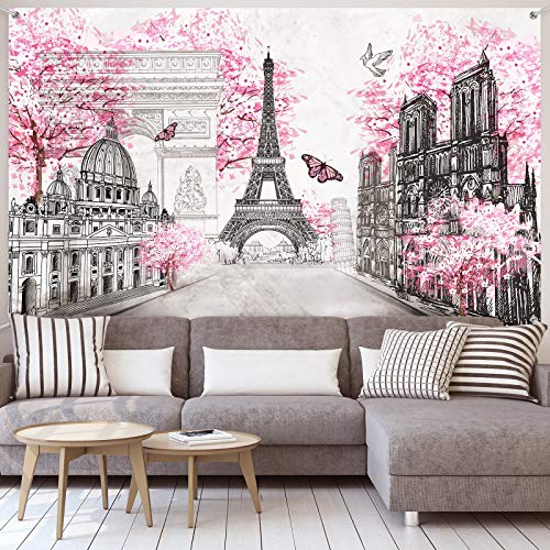 Paris Tapestry Backdrop Paris Wall Art Eiffel Tower Photo Banner Background European City Landscape Pink Wall Hanging Decor for Living Room Girl Bedroom Paris Themed Party Decoration, 72.8 x 43.3 Inch