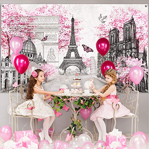 Paris Tapestry Backdrop Paris Wall Art Eiffel Tower Photo Banner Background European City Landscape Pink Wall Hanging Decor for Living Room Girl Bedroom Paris Themed Party Decoration, 72.8 x 43.3 Inch