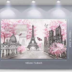 Paris Tapestry Backdrop Paris Wall Art Eiffel Tower Photo Banner Background European City Landscape Pink Wall Hanging Decor for Living Room Girl Bedroom Paris Themed Party Decoration, 72.8 x 43.3 Inch