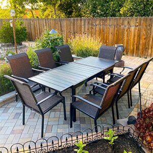 Sophia & William Patio Dining Set 9 Piece Expandable Outdoor Table Furniture Set with 8 Wicker Backyard Garden Dining Chairs and 1 Rectangular Metal Bistro Deck Table, Black