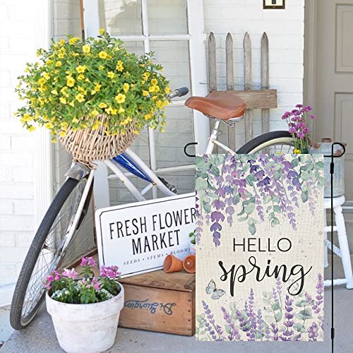 CROWNED BEAUTY Hello Spring Garden Flag Floral 12x18 Inch Double Sided for Outside Burlap Small Yard Holiday Decoration CF745-12