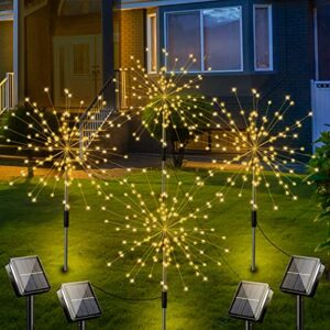 outdoor solar garden lights, 4 pack christmas solar firework lights waterproof 8 modes decorative stake landscape lights diy flowers fireworks for garden pathway lawn party (warm)