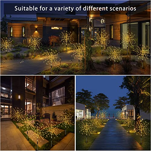 Outdoor Solar Garden Lights, 4 Pack Christmas Solar Firework Lights Waterproof 8 Modes Decorative Stake Landscape Lights DIY Flowers Fireworks for Garden Pathway Lawn Party (Warm)