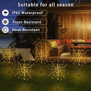 Outdoor Solar Garden Lights, 4 Pack Christmas Solar Firework Lights Waterproof 8 Modes Decorative Stake Landscape Lights DIY Flowers Fireworks for Garden Pathway Lawn Party (Warm)