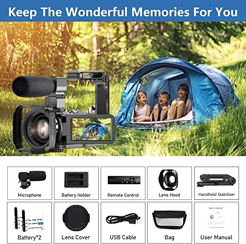 Video Camera Camcorder 4K 60FPS HD 48MP 18X Digital Camcorder 3.0'' HD Touch Screen Vlogging Camera for YouTube IR Night Vision Camcorder with Stabilizer, Remote Control, External Microphone