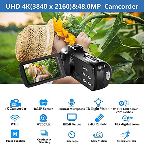 Video Camera Camcorder 4K 60FPS HD 48MP 18X Digital Camcorder 3.0'' HD Touch Screen Vlogging Camera for YouTube IR Night Vision Camcorder with Stabilizer, Remote Control, External Microphone