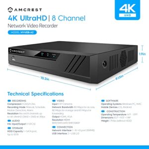 Amcrest NV4108-A2 4K 8CH NVR (1080p/3MP/4MP/5MP/8MP) POE Network Video Recorder - Supports up to 8 x 8MP/4K IP Cameras, 8-Channel, Supports up to 10TB Hard Drive (No Built-in WiFi)