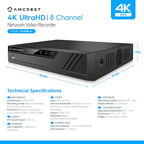 Amcrest NV4108-A2 4K 8CH NVR (1080p/3MP/4MP/5MP/8MP) POE Network Video Recorder - Supports up to 8 x 8MP/4K IP Cameras, 8-Channel, Supports up to 10TB Hard Drive (No Built-in WiFi)