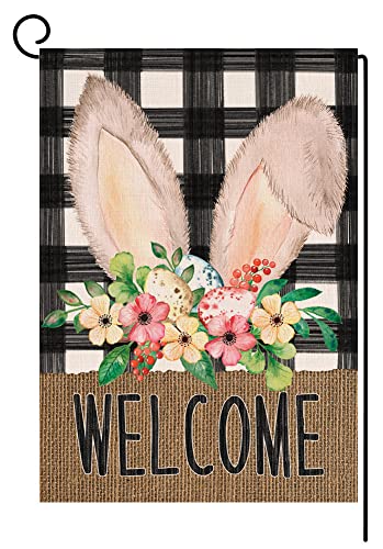 Sambosk Buffalo Easter Bunny Small Garden Flag Welcome Spring Vertical Double Sided Burlap Rabbit Ear Egg Floral Farmhouse Yard Outdoor Decoration 12 x 18 Inches