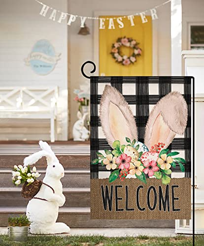 Sambosk Buffalo Easter Bunny Small Garden Flag Welcome Spring Vertical Double Sided Burlap Rabbit Ear Egg Floral Farmhouse Yard Outdoor Decoration 12 x 18 Inches