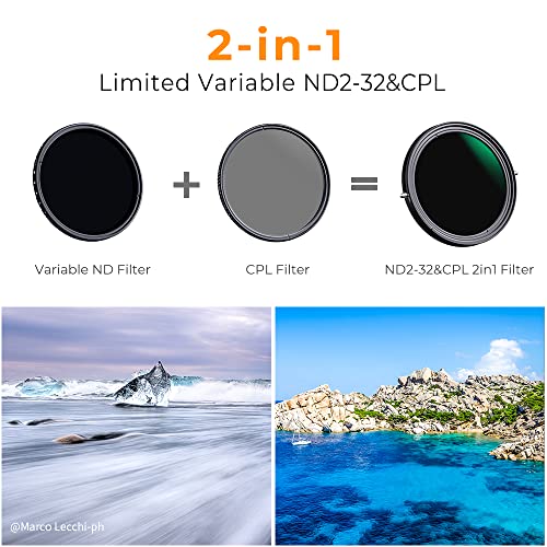 K&F Concept 82mm Variable Fader ND2-ND32 ND Filter and CPL Circular Polarizing Filter 2 in 1 for Camera Lens No X Spot Waterproof Scratch Resistant (Nano-X Series)