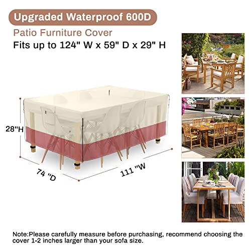 Patio Furniture Covers Waterproof, Outdoor Table Cover 600D Heavy Duty, Dlopede Outdoor Furniture Cover Waterproof Patio Table Sofa Cover, 111" W x 74" D x 28" H, Beige & Orange