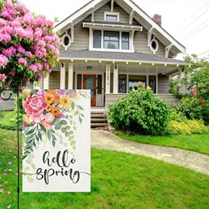 Hello Spring Garden Flag 12x18 Double Sided, Burlap Small Vertical Happy Spring Floral Flower Garden Yard Flags for Seasonal Outside Outdoor House Decoration (Only Flag)