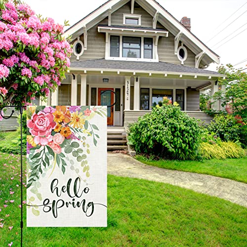 Hello Spring Garden Flag 12x18 Double Sided, Burlap Small Vertical Happy Spring Floral Flower Garden Yard Flags for Seasonal Outside Outdoor House Decoration (Only Flag)