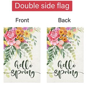 Hello Spring Garden Flag 12x18 Double Sided, Burlap Small Vertical Happy Spring Floral Flower Garden Yard Flags for Seasonal Outside Outdoor House Decoration (Only Flag)