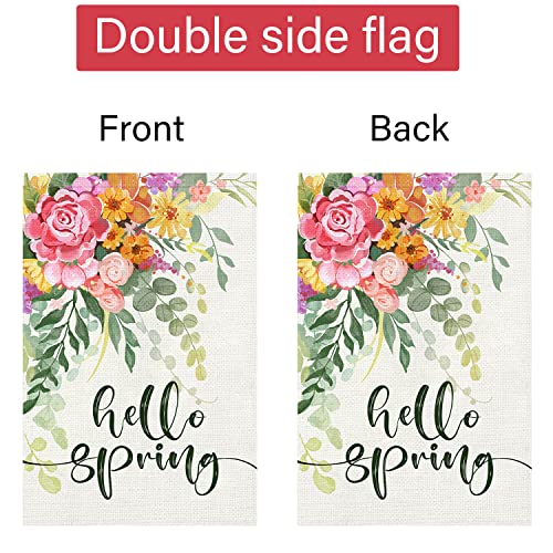 Hello Spring Garden Flag 12x18 Double Sided, Burlap Small Vertical Happy Spring Floral Flower Garden Yard Flags for Seasonal Outside Outdoor House Decoration (Only Flag)