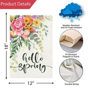 Hello Spring Garden Flag 12x18 Double Sided, Burlap Small Vertical Happy Spring Floral Flower Garden Yard Flags for Seasonal Outside Outdoor House Decoration (Only Flag)