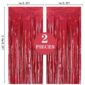 2 Pack 3.2ft x 8.2ft Red Foil Fringe Curtain, Glitter Metallic Tinsel Foil Fringe Curtains Photo Booth Backdrop Tinsel Door Curtains for Wedding Bridal Shower Bachelorette Christmas Party Decorations