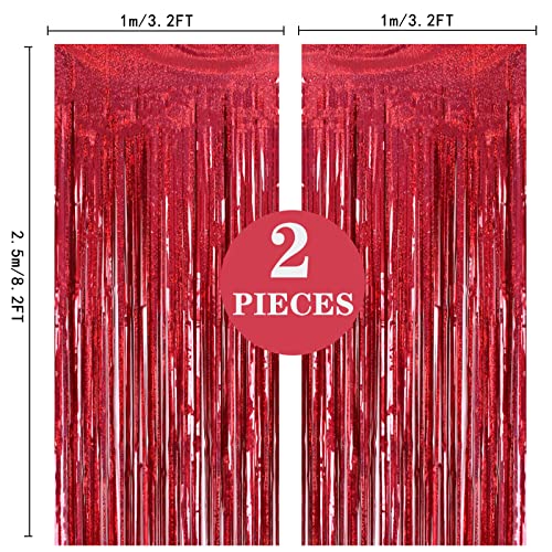 2 Pack 3.2ft x 8.2ft Red Foil Fringe Curtain, Glitter Metallic Tinsel Foil Fringe Curtains Photo Booth Backdrop Tinsel Door Curtains for Wedding Bridal Shower Bachelorette Christmas Party Decorations