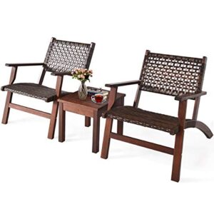 tangkula 3 pcs patio conversation set, solid eucalyptus wood frame outdoor wicker furniture set bistro set with coffee table, rattan furniture set for backyard porch garden poolside balcony (brown)