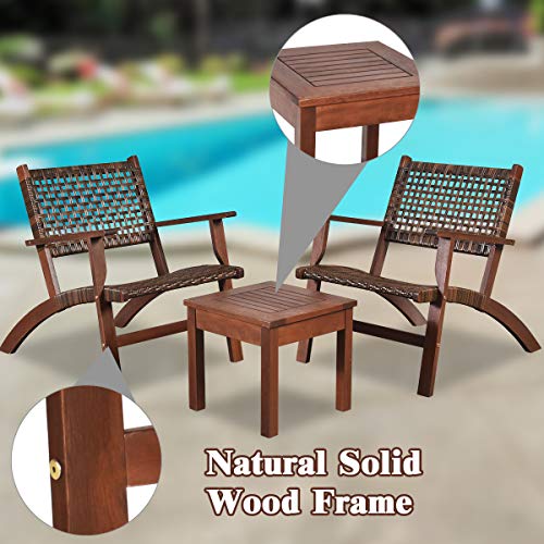 Tangkula 3 PCS Patio Conversation Set, Solid Eucalyptus Wood Frame Outdoor Wicker Furniture Set Bistro Set with Coffee Table, Rattan Furniture Set for Backyard Porch Garden Poolside Balcony (Brown)