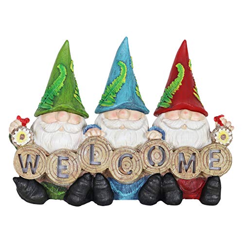 Exhart Garden Gnomes, Solar Garden Gnome Statue with Welcome Sign, LED Hats, Funny Outdoor Garden Decoration, 13 x 9 Inch