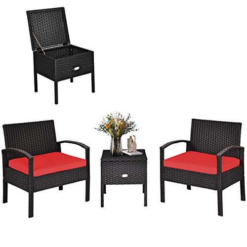 Tangkula 3 Pieces Patio Wicker Conversation Set, Outdoor Rattan Furniture with Washable Thick Cushion & Coffee Table w/Storage Space, Patio Furniture Set for Backyard Porch Garden Poolside (Red)