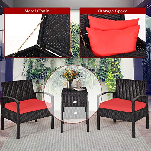 Tangkula 3 Pieces Patio Wicker Conversation Set, Outdoor Rattan Furniture with Washable Thick Cushion & Coffee Table w/Storage Space, Patio Furniture Set for Backyard Porch Garden Poolside (Red)