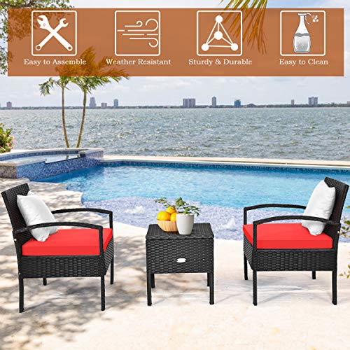 Tangkula 3 Pieces Patio Wicker Conversation Set, Outdoor Rattan Furniture with Washable Thick Cushion & Coffee Table w/Storage Space, Patio Furniture Set for Backyard Porch Garden Poolside (Red)