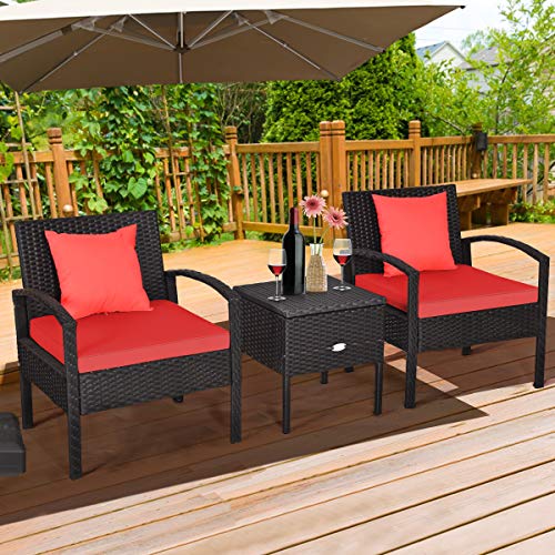 Tangkula 3 Pieces Patio Wicker Conversation Set, Outdoor Rattan Furniture with Washable Thick Cushion & Coffee Table w/Storage Space, Patio Furniture Set for Backyard Porch Garden Poolside (Red)