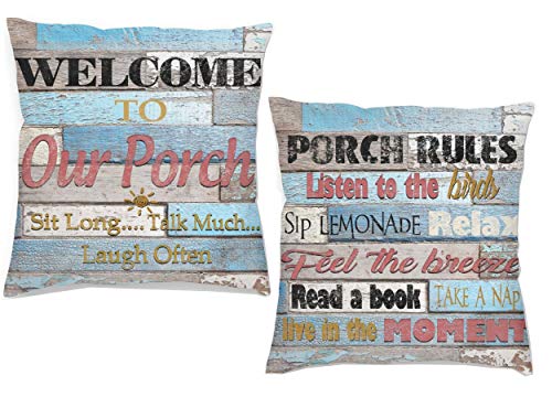 DZGlobal Welcome to Our Porch Pillow Covers Porch Rules Relax Sit Long Talk Much Wooden Pillowcase Home Farmhouse Decor Outdoor Pillowcases for Patio Furniture 18x18 Set of 2