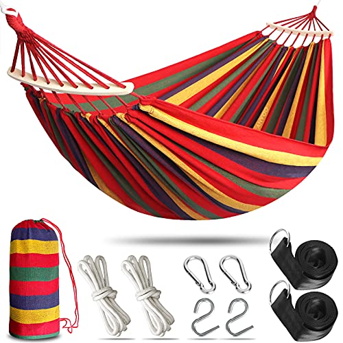 Anyoo Garden Cotton Hammock Comfortable Fabric Hammock with Spreader Bar Durable Hammock Up to 450lbs Portable Lightweight Hammock with Travel Bag,Perfect for Camping Outdoor/Indoor Patio Backyard