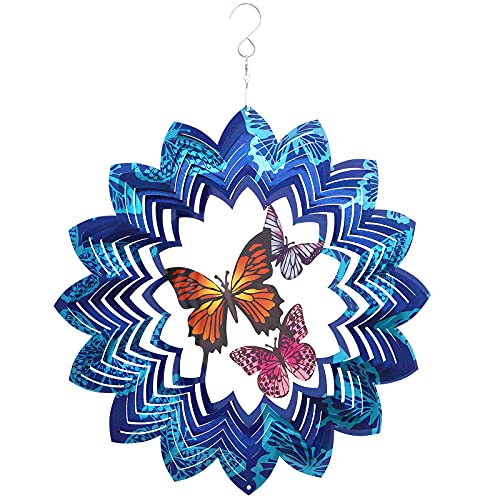 ABXKZ Kinetic Wind Spinners Outdoor Metal Large,3D Monarch Butterfly Garden Art Hanging Decor,12in Shiny Blue Wind Catcher Patio Ornament Gift,Stainless Steel Craft Sculpture Yard Decoration Clearance