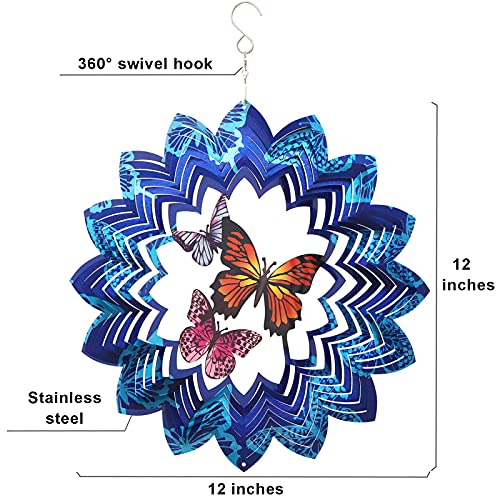 ABXKZ Kinetic Wind Spinners Outdoor Metal Large,3D Monarch Butterfly Garden Art Hanging Decor,12in Shiny Blue Wind Catcher Patio Ornament Gift,Stainless Steel Craft Sculpture Yard Decoration Clearance