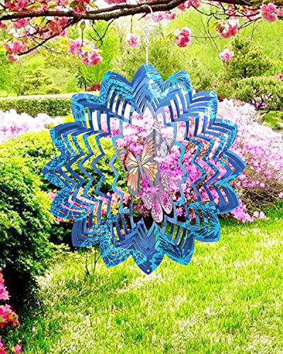 ABXKZ Kinetic Wind Spinners Outdoor Metal Large,3D Monarch Butterfly Garden Art Hanging Decor,12in Shiny Blue Wind Catcher Patio Ornament Gift,Stainless Steel Craft Sculpture Yard Decoration Clearance