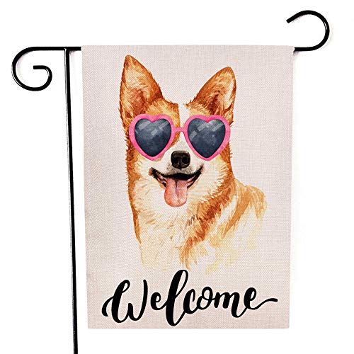 Ogiselestyle Welcome Corgi with Heart Shape Sunglasses Garden Flag Small Vertical Double Sided Decorative House Yard Décor Flag for Outdoor Decoration 12x18 inch