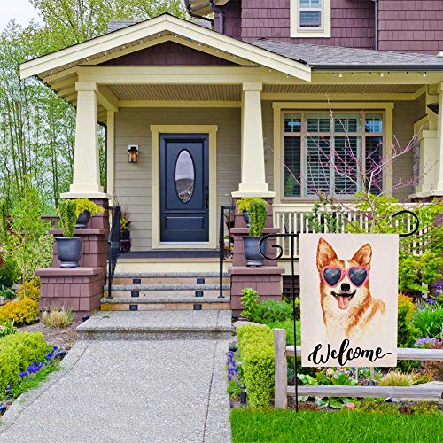 Ogiselestyle Welcome Corgi with Heart Shape Sunglasses Garden Flag Small Vertical Double Sided Decorative House Yard Décor Flag for Outdoor Decoration 12x18 inch