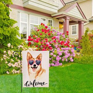 Ogiselestyle Welcome Corgi with Heart Shape Sunglasses Garden Flag Small Vertical Double Sided Decorative House Yard Décor Flag for Outdoor Decoration 12x18 inch