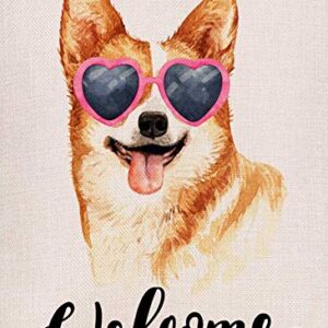 Ogiselestyle Welcome Corgi with Heart Shape Sunglasses Garden Flag Small Vertical Double Sided Decorative House Yard Décor Flag for Outdoor Decoration 12x18 inch