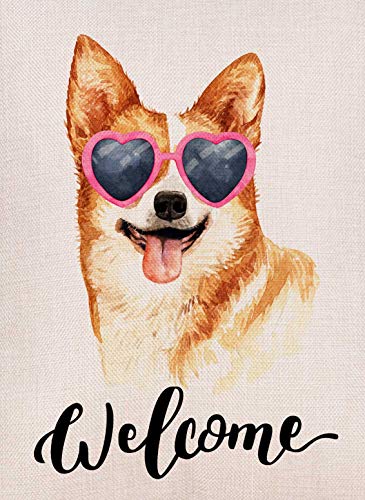 Ogiselestyle Welcome Corgi with Heart Shape Sunglasses Garden Flag Small Vertical Double Sided Decorative House Yard Décor Flag for Outdoor Decoration 12x18 inch